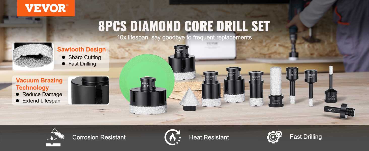 VEVOR Diamond Core Drill Bit Set, 8 PCS 6/8/10/25/35/38/50/65mm Diamond ...