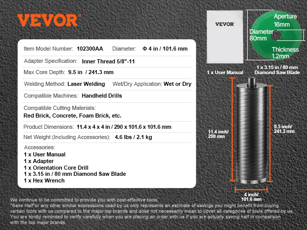 VEVOR Core Drill Bit, 4" Wet/Dry Diamond Core Drill Bits for Brick and ...