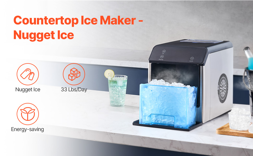 Countertop Nugget Ice Maker 33Lbs/24H Self-Cleaning with Scoop Home ...