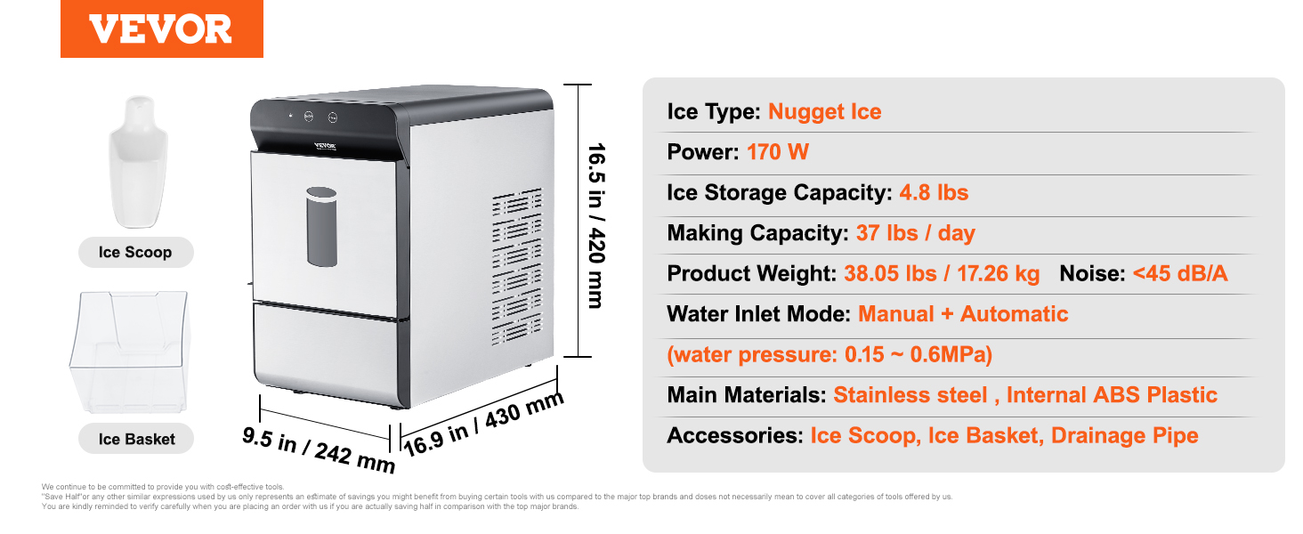 VEVOR Countertop Ice Maker, 37lbs in 24Hrs, Auto Self-Cleaning Portable ...