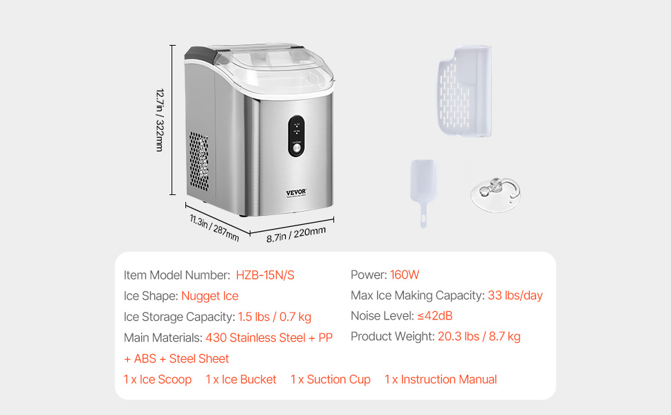 VEVOR Countertop Nugget Ice Maker 33Lbs/24H Self-Cleaning with Scoop ...
