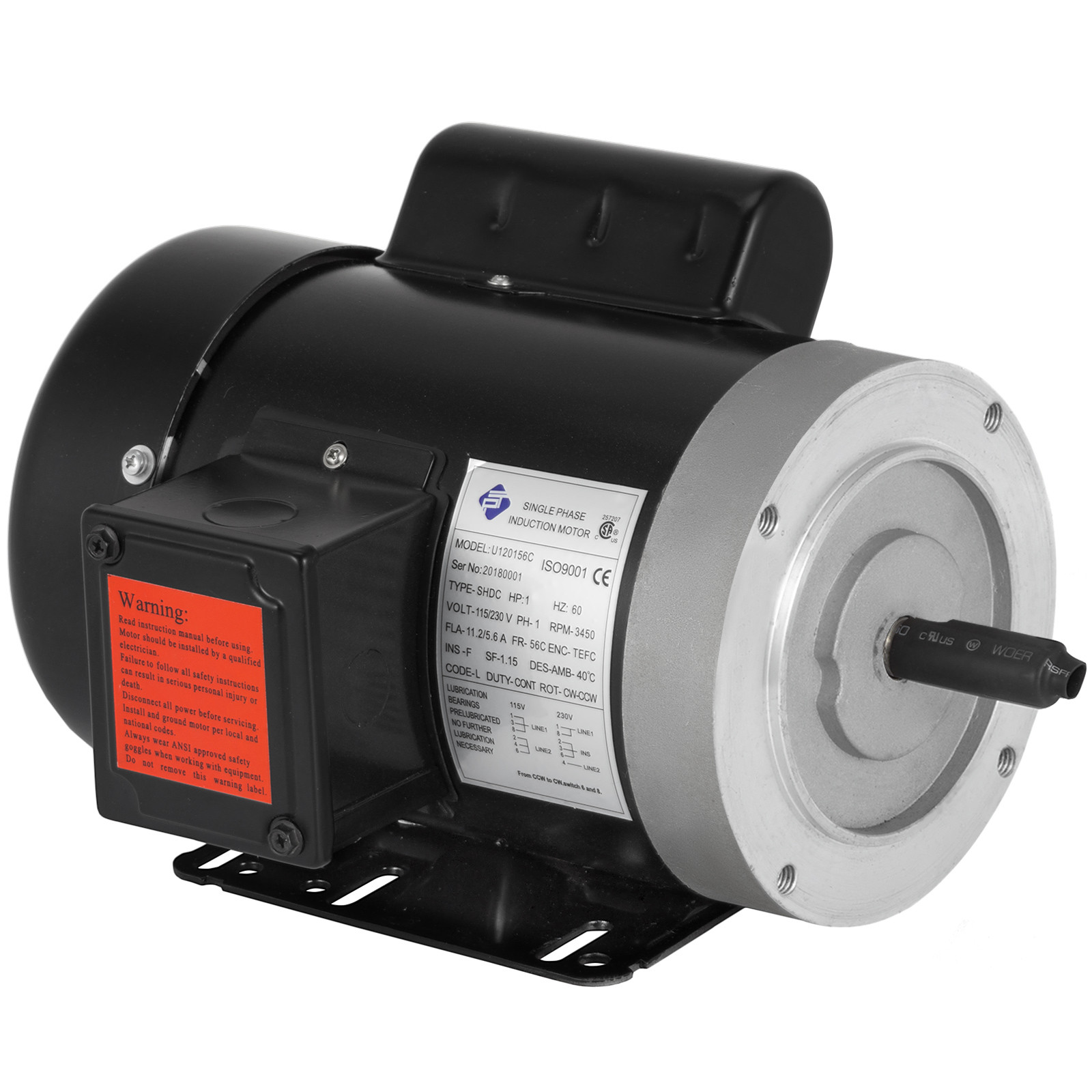 VEVOR 1 Hp Electric Motor 3450 RPM 11.2-5.6 A Single Phase Motor AC ...