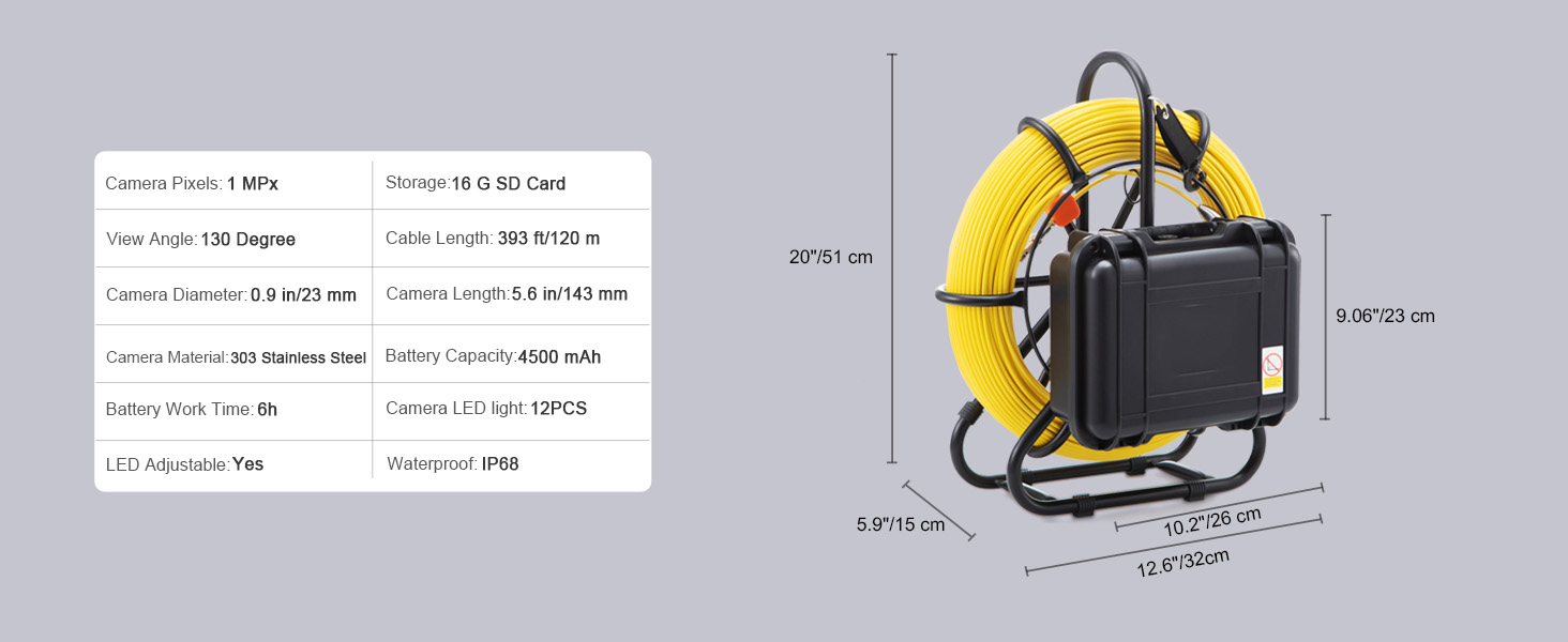 VEVOR Sewer Camera, 393 ft/120 m, 9" Screen Pipeline Inspection Camera ...