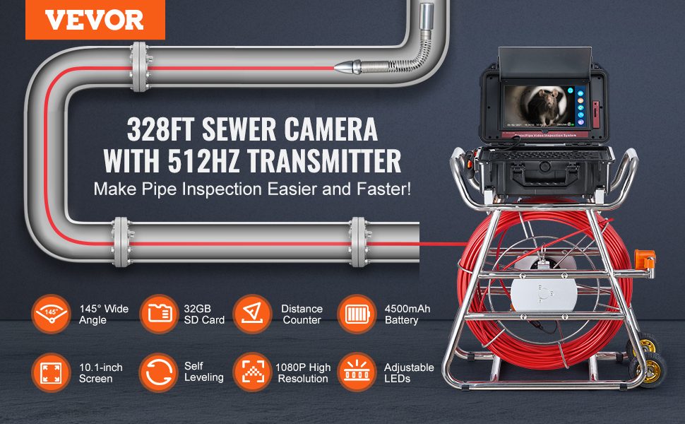 VEVOR Sewer Camera 328 ft/100m Self-Leveling Drain Camera with 10.1 ...