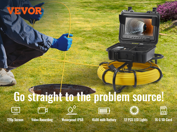 VEVOR Sewer Camera, 230 ft/70 m, 9" Screen Pipeline Inspection Camera ...