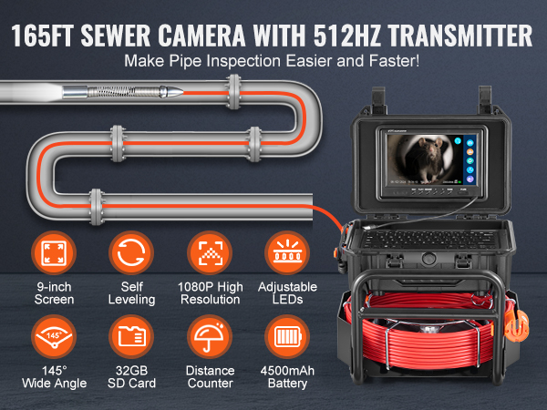 Sewer Camera 165 ft/50m Self-Leveling Drain Camera with 512Hz ...