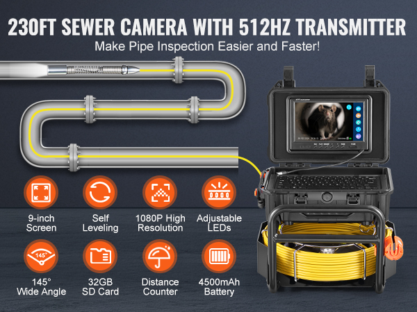VEVOR Sewer Camera 230 ft/70m Self-Leveling Drain Camera with 512Hz ...