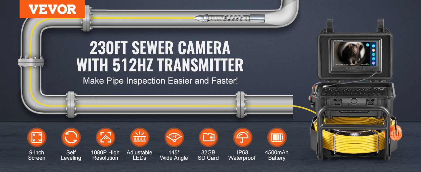 VEVOR Sewer Camera 230 ft/70m Self-Leveling Drain Camera with 512Hz ...