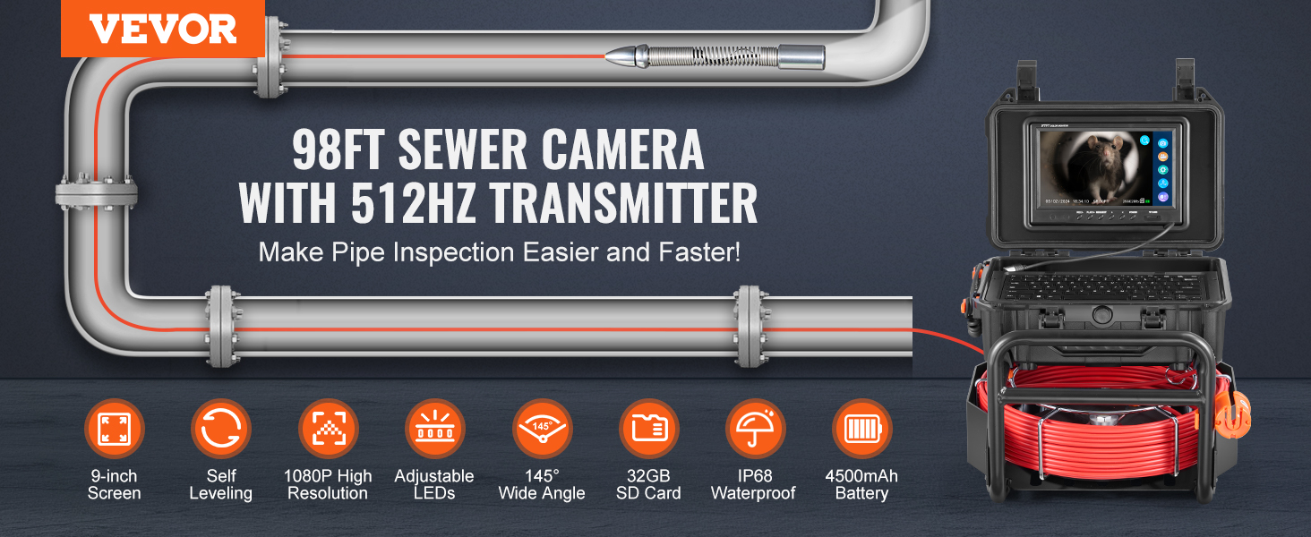VEVOR Sewer Camera 98 ft/30m Self-Leveling Drain Camera with 512Hz ...