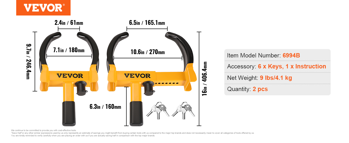 VEVOR Wheel Lock, 2 Packs Universal Wheel Clamp Lock, Adjustable Anti ...