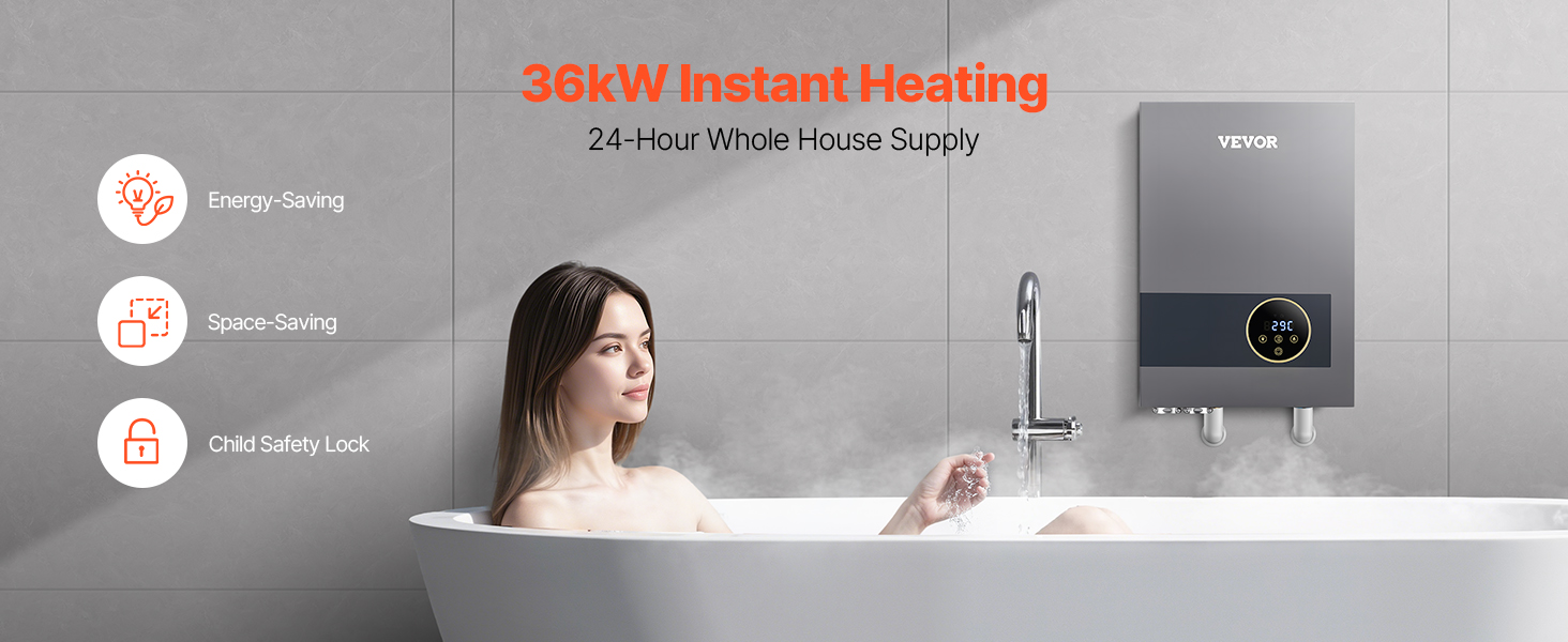 36kW Tankless Electric Water Heater Instant Hot with LCD Touch Child ...