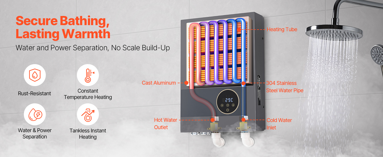 36kW Tankless Electric Water Heater Instant Hot with LCD Touch Child ...