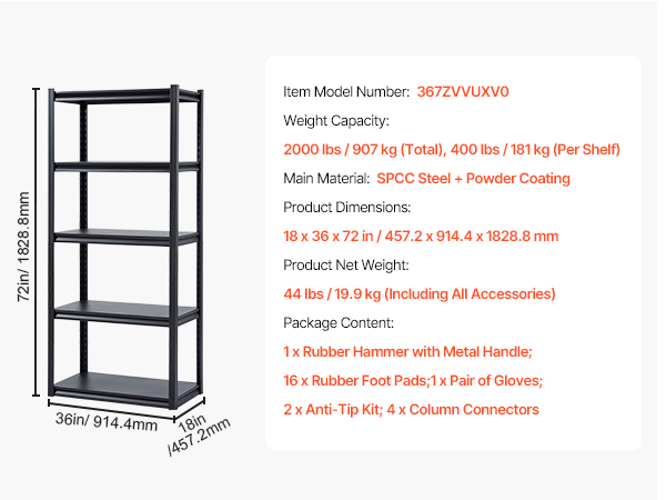 VEVOR Storage Shelves 18" D x 36" W x 72" H 5-tier Garage Storage ...