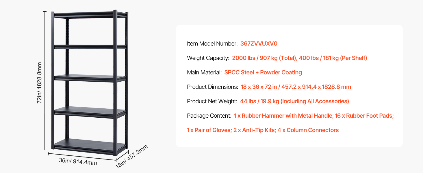 VEVOR Storage Shelves 18" D x 36" W x 72" H 5-tier Garage Storage ...
