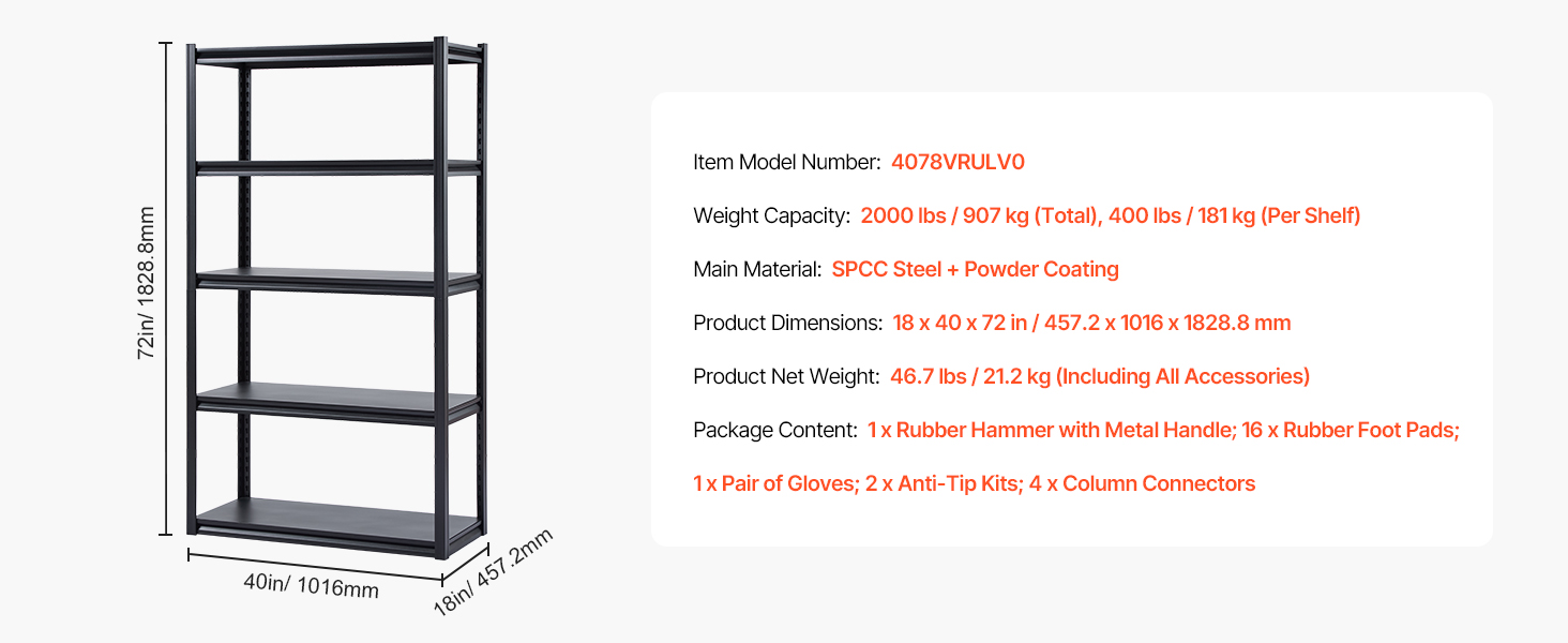Storage Shelves 18" D x 40" W x 72" H 5-tier Garage Storage Shelving ...