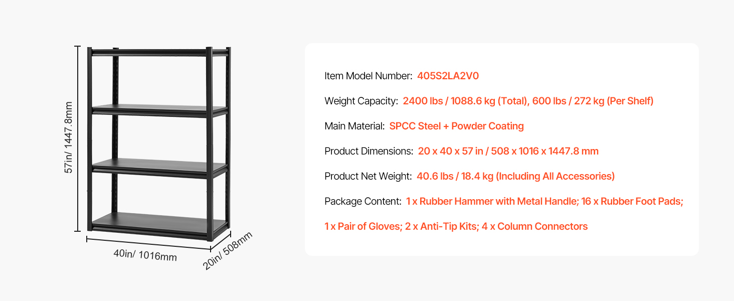 VEVOR Storage Shelves 20" D x 40" W x 57" H 4-tier Garage Storage ...