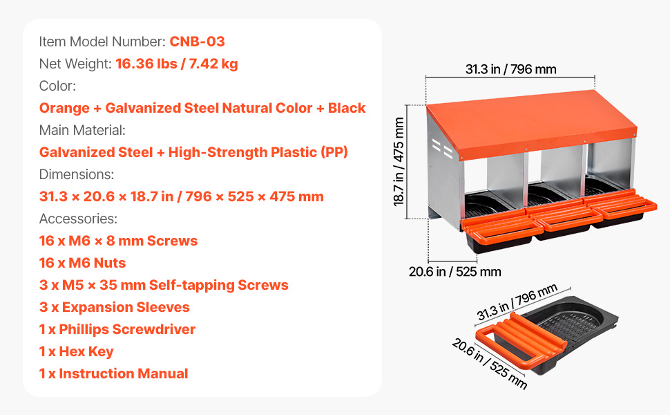 VEVOR 3-Compartment Chicken Nest Box Metal Box with Inclined Nesting ...