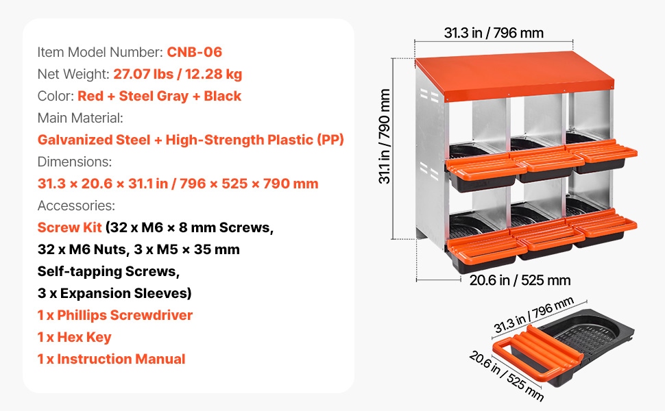 VEVOR 6-Compartment Chicken Nest Box Mental Box with Inclined Nesting ...