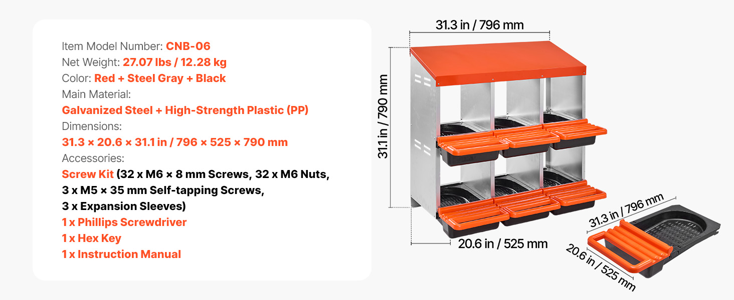 VEVOR 6-Compartment Chicken Nest Box Mental Box with Inclined Nesting ...