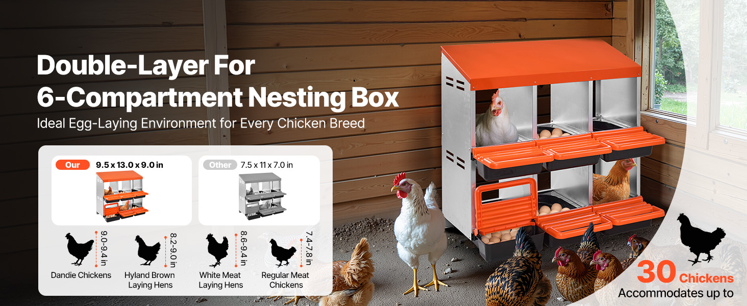 VEVOR 6-Compartment Chicken Nest Box Mental Box with Inclined Nesting ...