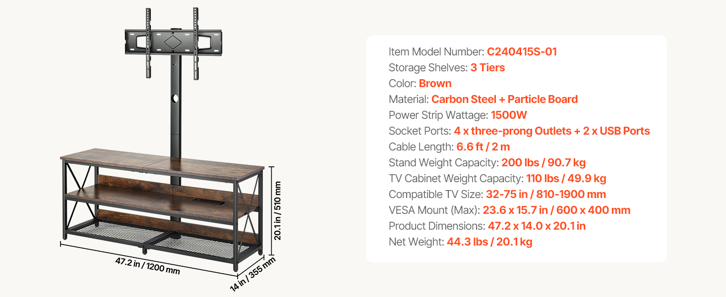 48" TV Stand with Mount for up to 75" TV Power Outlet & Storage ...