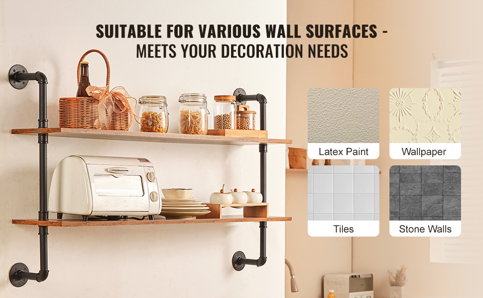 VEVOR Industrial Pipe Shelf 2 Tier 48x 9.84in Wall-Mount for Kitchen ...