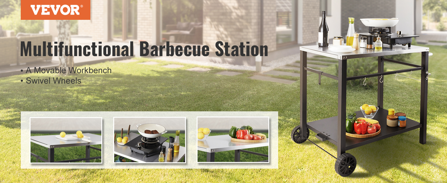 VEVOR Outdoor Grill Dining Cart with Double-Shelf, BBQ Movable Food ...