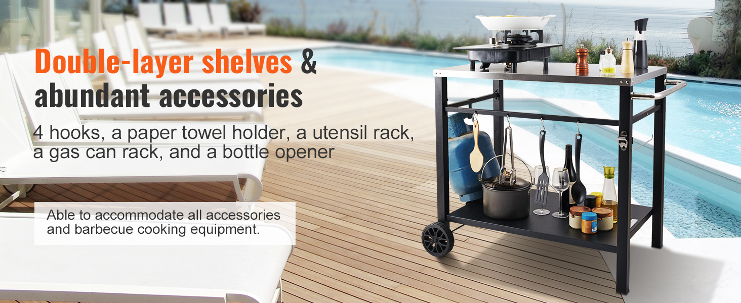 VEVOR Outdoor Grill Dining Cart with Double-Shelf, BBQ Movable Food ...
