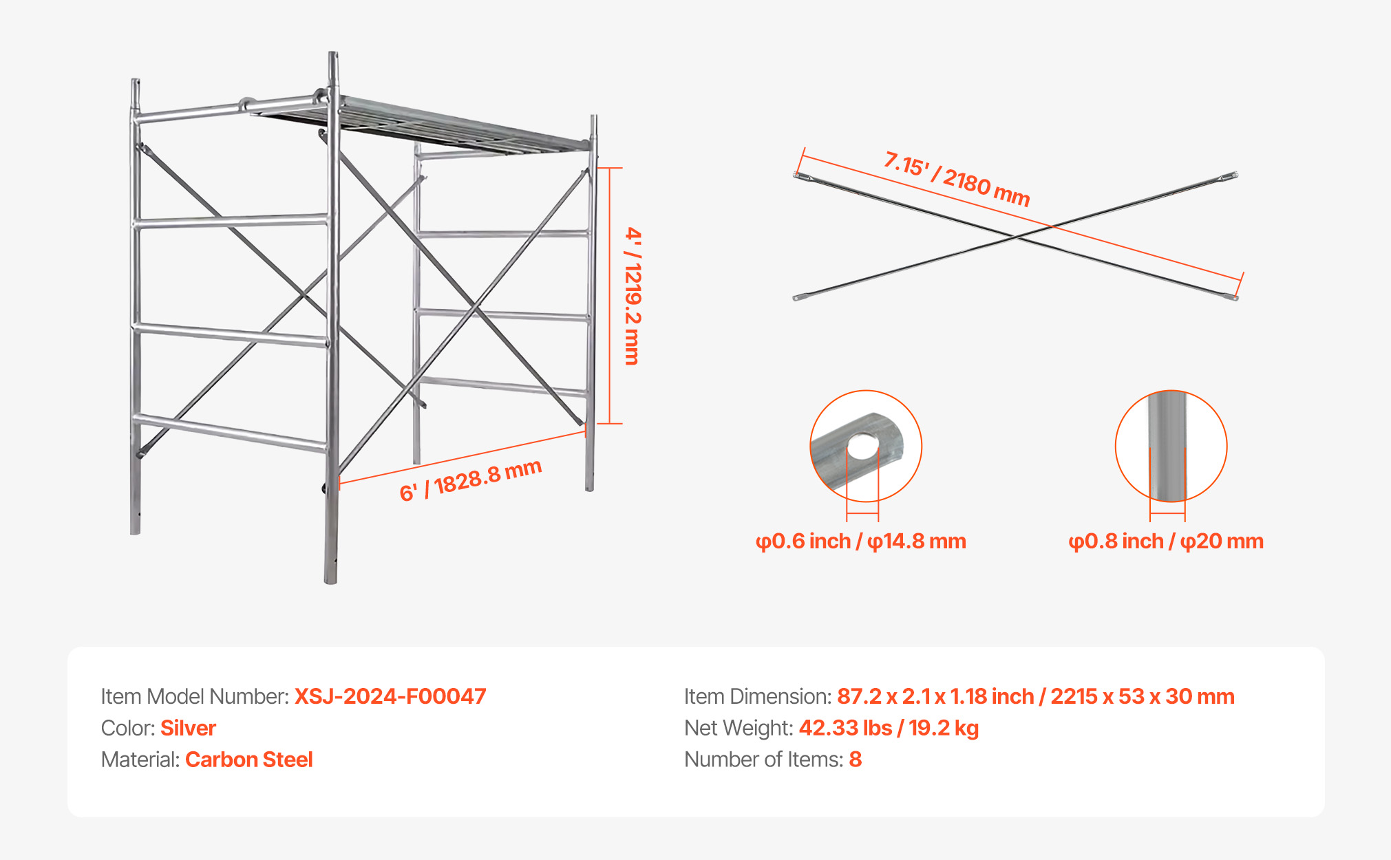 Scaffolding Cross Brace 6ft x 4ft 8-Pack Solid Carbon Steel Cross ...
