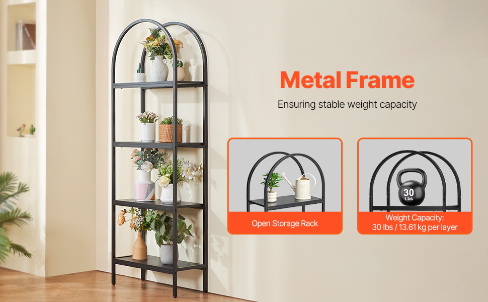 Metal Bookshelf Rustic Bookshelf 4-Tier for Living room Bedroom ...