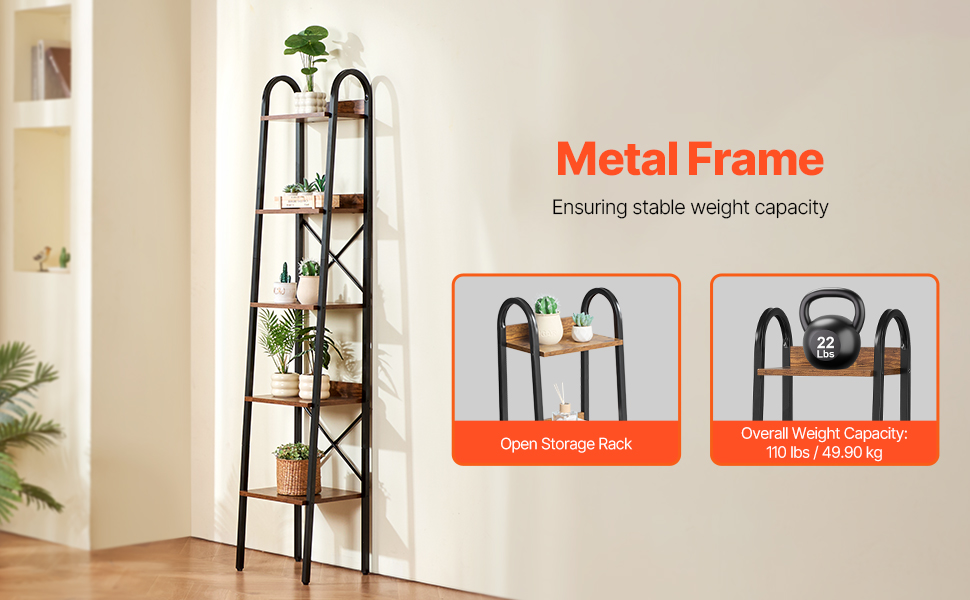 Metal Bookshelf Rustic Bookshelf 5-Tier for Living room Bedroom ...