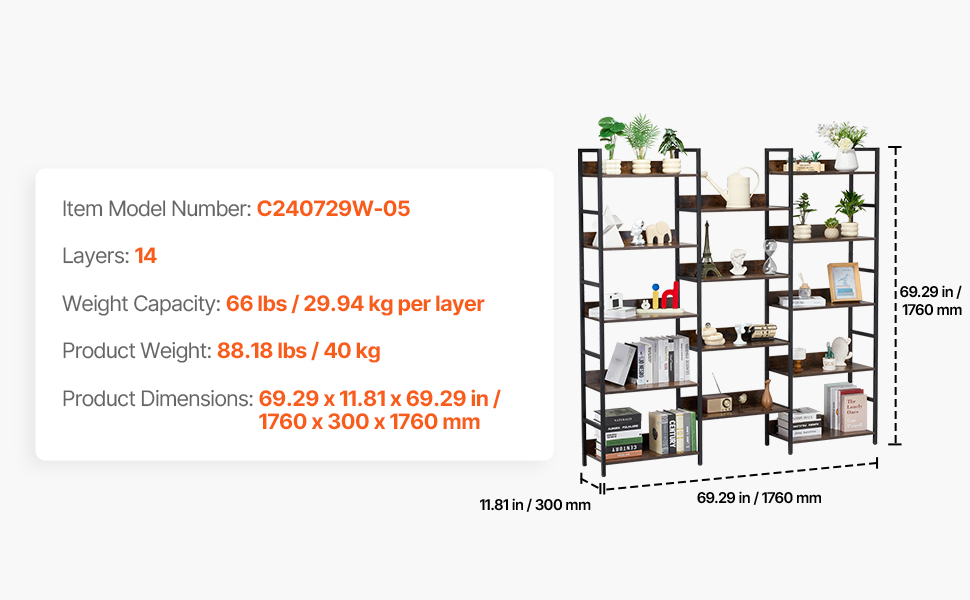 Metal Bookshelf Rustic Bookshelf 14-Tier for Living room Bedroom ...