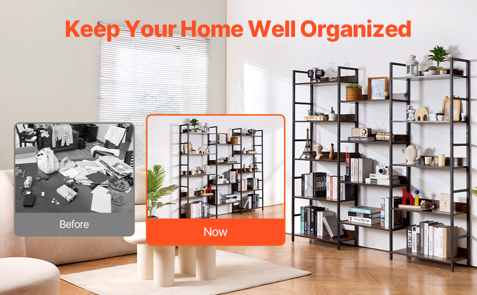 Metal Bookshelf Rustic Bookshelf 14-Tier for Living room Bedroom ...