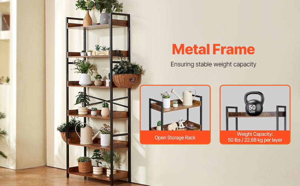 Metal Bookshelf Rustic Bookshelf 6-Tier for Living room Bedroom ...