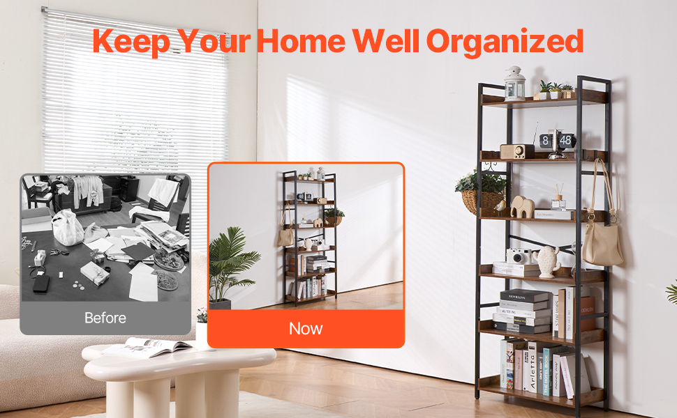 VEVOR Metal Bookshelf Rustic Bookshelf 6-Tier for Living room Bedroom ...