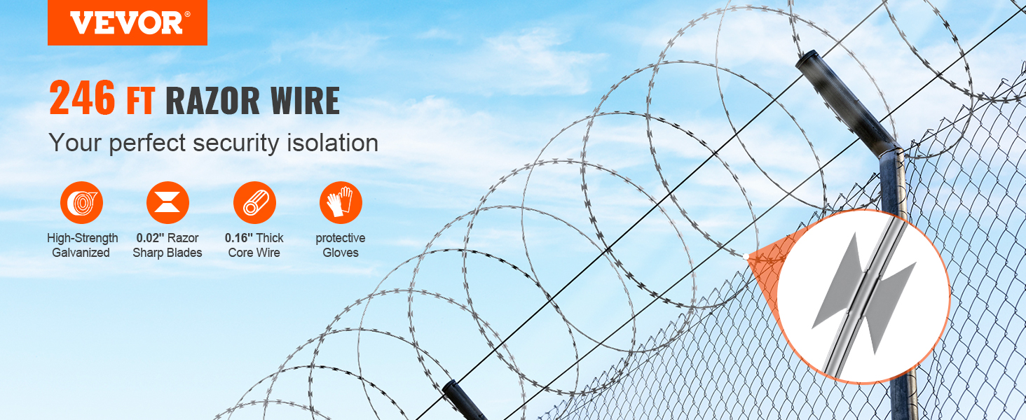 VEVOR Razor Wires, 246 ft Razor Barbed Wire, 5 Rolls Razor Wire Fencing ...