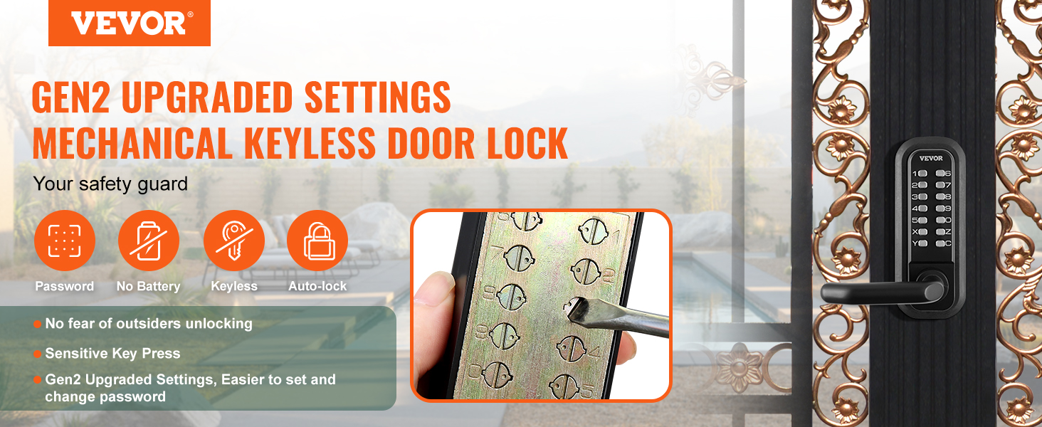 VEVOR Mechanical Keyless Entry Door Lock, 14 Digit Keypad, Double-sided ...