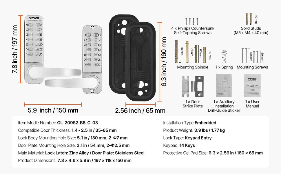 VEVOR Mechanical Keyless Entry Door Lock 14 Key Mechanical Keypad Lock ...