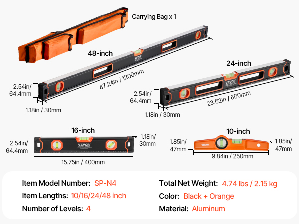 VEVOR 4-Piece Torpedo Level, 48/24/16/10 Inch Box Levels Set ...