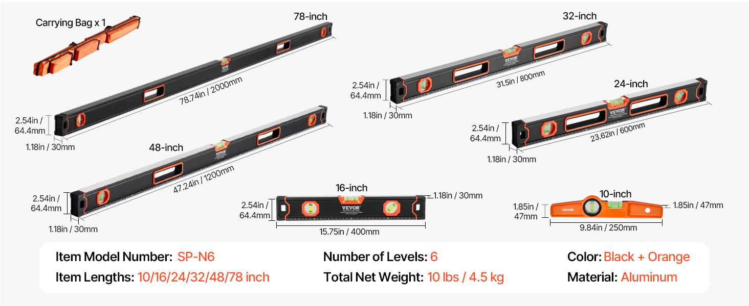 VEVOR 6-Piece Torpedo Level, 78/48/32/24/16/10 Inch Box Levels Set ...