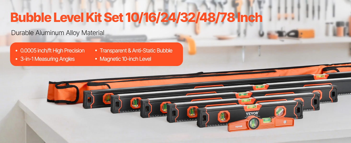 VEVOR 6-Piece Torpedo Level, 78/48/32/24/16/10 Inch Box Levels Set ...