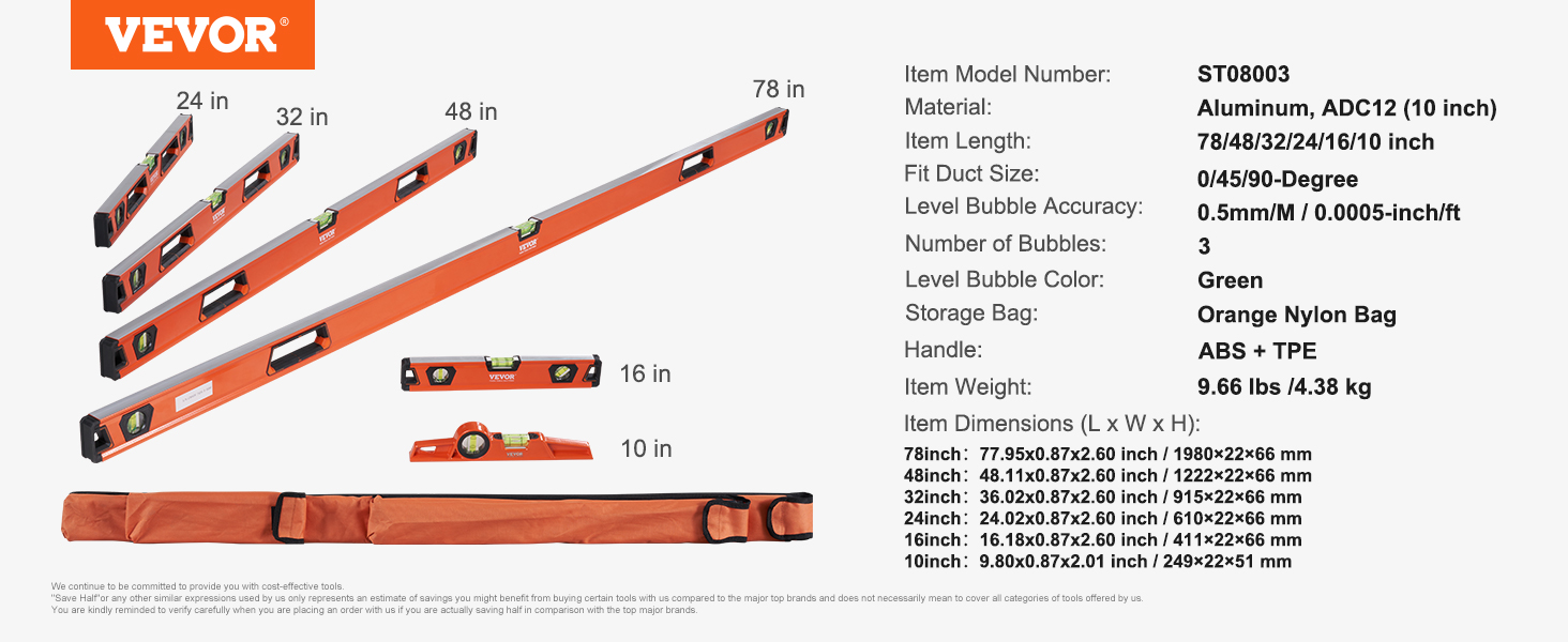 VEVOR Magnetic Torpedo Level, 78/48/32/24/16/10 in Mechanical Level Set ...