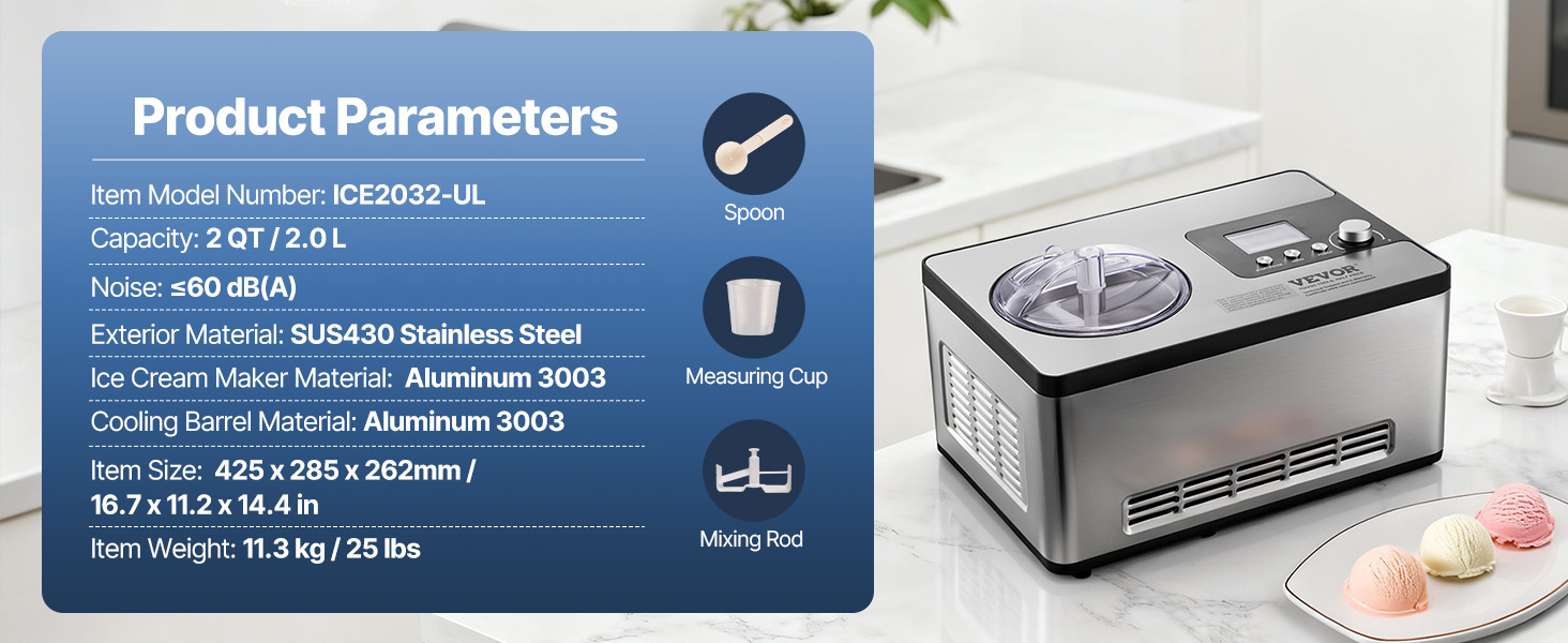 VEVOR Automatic Ice Cream Maker with Built-in Compressor, 2 Quart No ...
