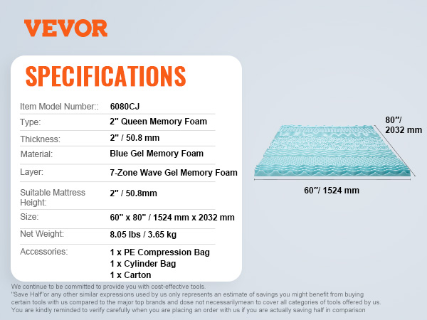 VEVOR Mattress Topper Soft Memory Foam Cooling Gel Infusion Queen Size ...