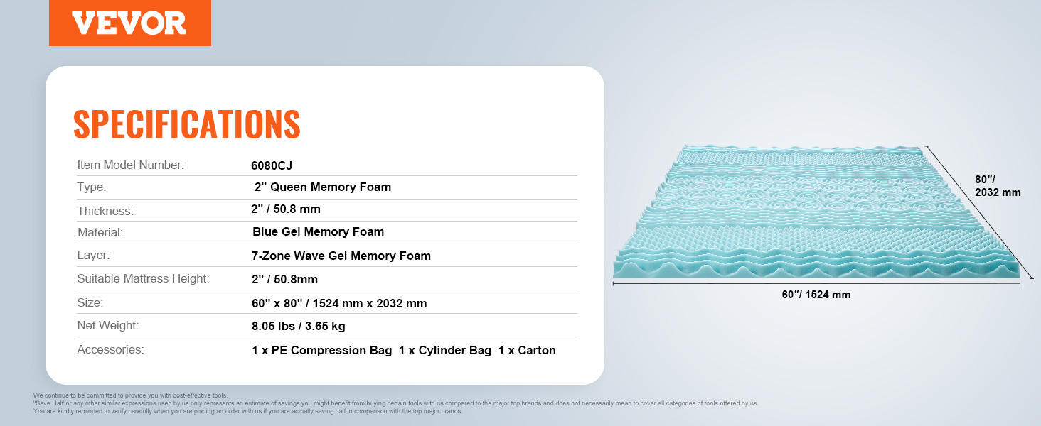 VEVOR Mattress Topper Soft Memory Foam Cooling Gel Infusion Queen Size ...