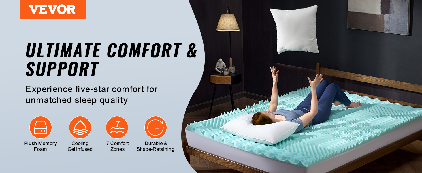 VEVOR Mattress Topper Soft Memory Foam Cooling Gel Infusion Queen Size ...