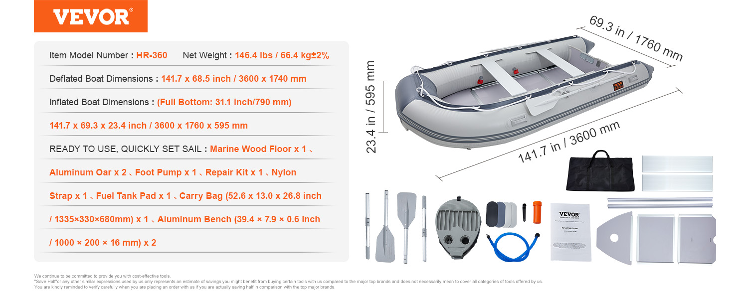 VEVOR Inflatable Dinghy Boat, 6-Person Transom Sport Tender Boat, with ...