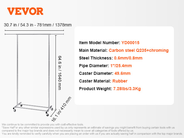 VEVOR Clothes Rack with Wheels, Heavy Duty Clothing Garment Rack with ...