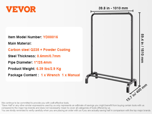 VEVOR Clothes Rack, Heavy Duty Clothing Garment Rack with Hanging Rod ...
