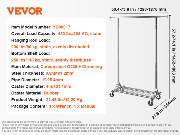 VEVOR Clothes Rack with Wheels, Heavy Duty Clothing Garment Rack ...